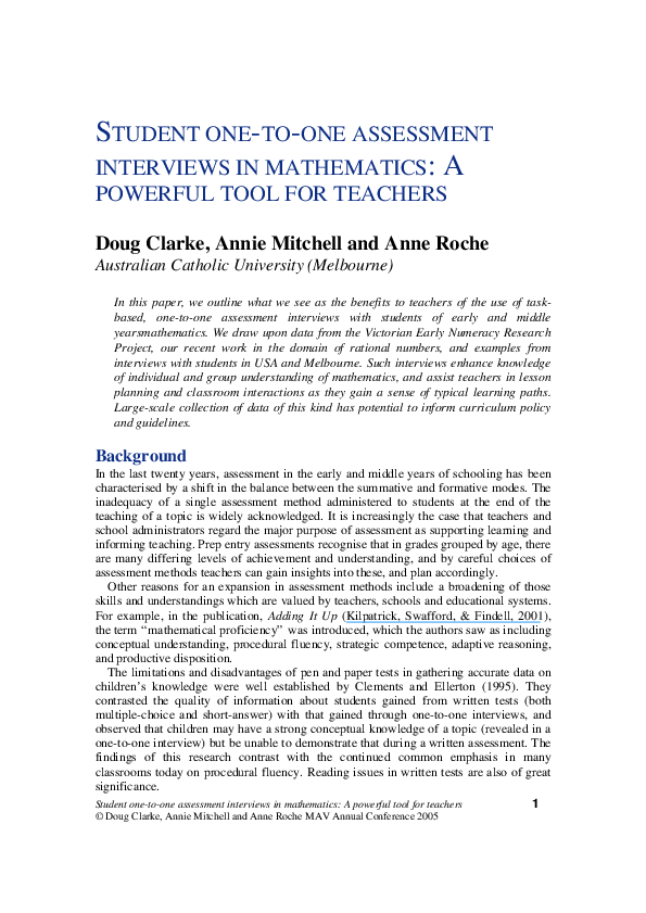 (PDF) Student one-to-one assessment interviews in mathematics: A ...