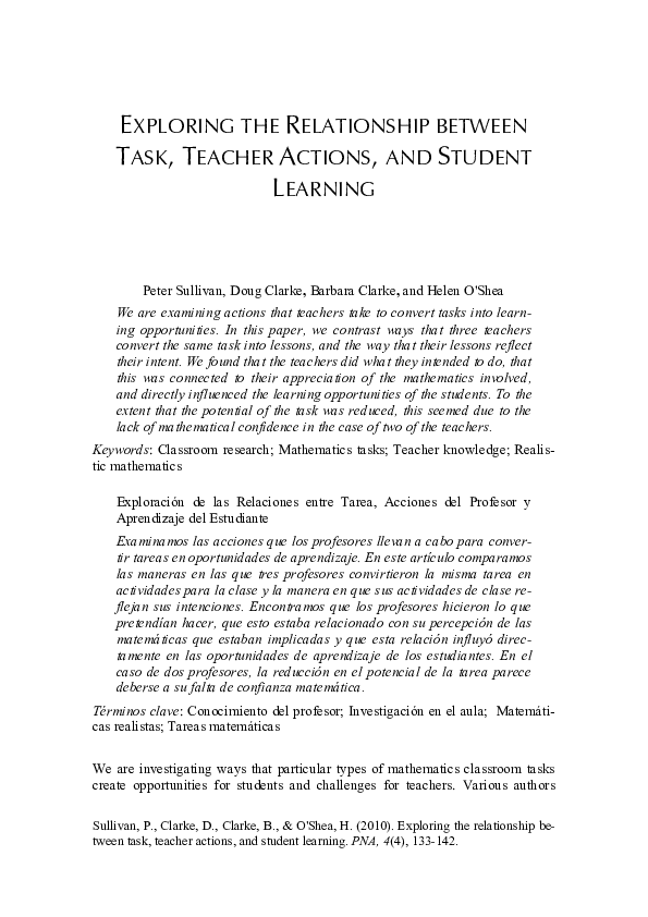 (PDF) Exploring the relationship between task, teacher actions, and ...