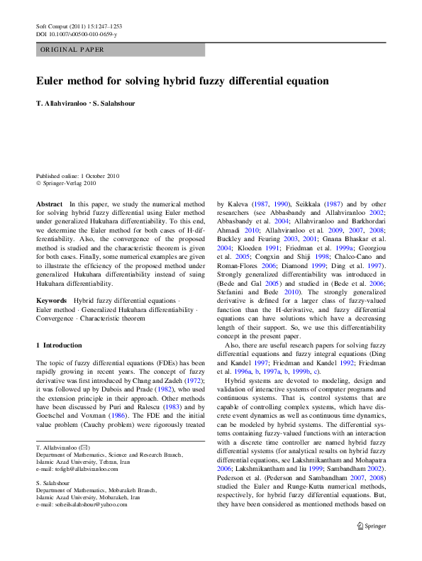 Pdf Euler Method For Solving Hybrid Fuzzy Differential Equation