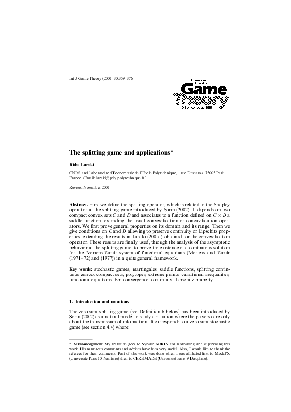 (PDF) The splitting game and applications