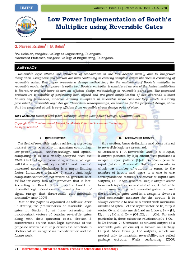 (PDF) Low Power Implementation of Booth's Multiplier using Reversible Gates