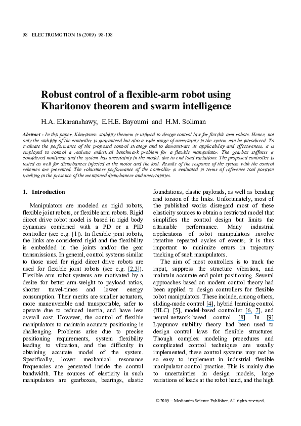 Pdf Robust Control Of A Flexible Arm Robot Using Kharitonov Theorem And Swarm Intelligence