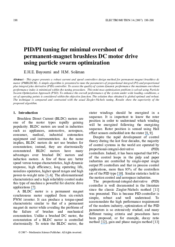 Pdf Pidpi Tuning For Minimal Overshoot Of Pm Brushless Dc Motor Drive Using Swarm Optimization