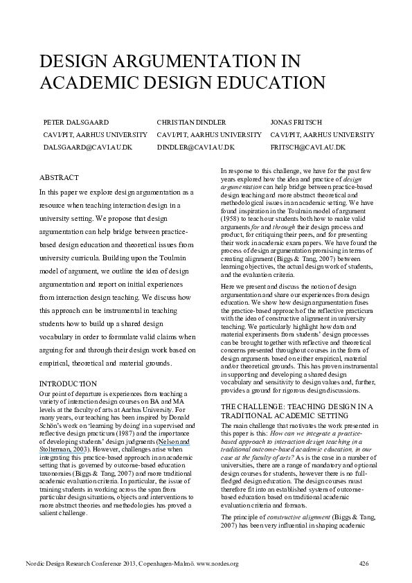 Pdf Design Argumentation In Academic Design Education