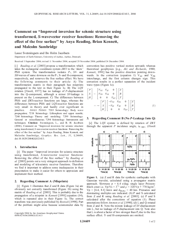 Pdf Comment On ``improved Inversion For Seismic Structure Using