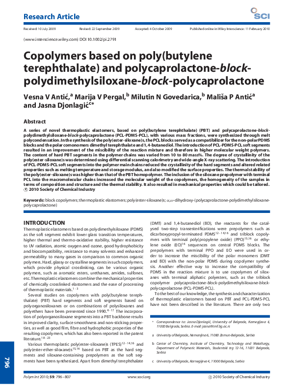 (PDF) Copolymers based on poly(butylene terephthalate) and polycaprolactone- block ...