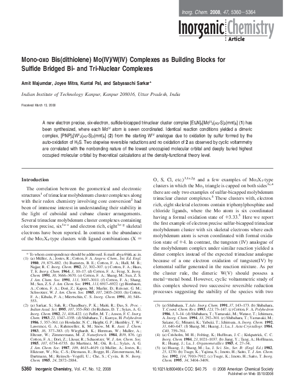 (PDF) Mono-oxo Bis(dithiolene) Mo(IV)/W(IV) Complexes as Building ...