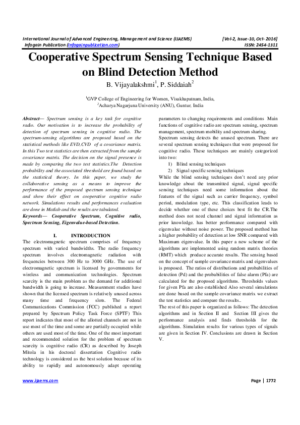 Pdf Cooperative Spectrum Sensing Technique Based On Blind Detection