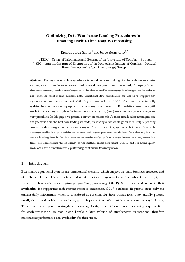 (PDF) Optimizing data warehouse loading procedures for enabling useful ...