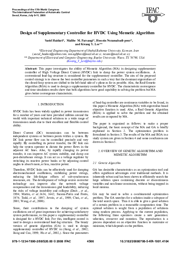 Pdf Design Of Supplementary Controller For Hvdc Using Memetic Algorithm With Population Management