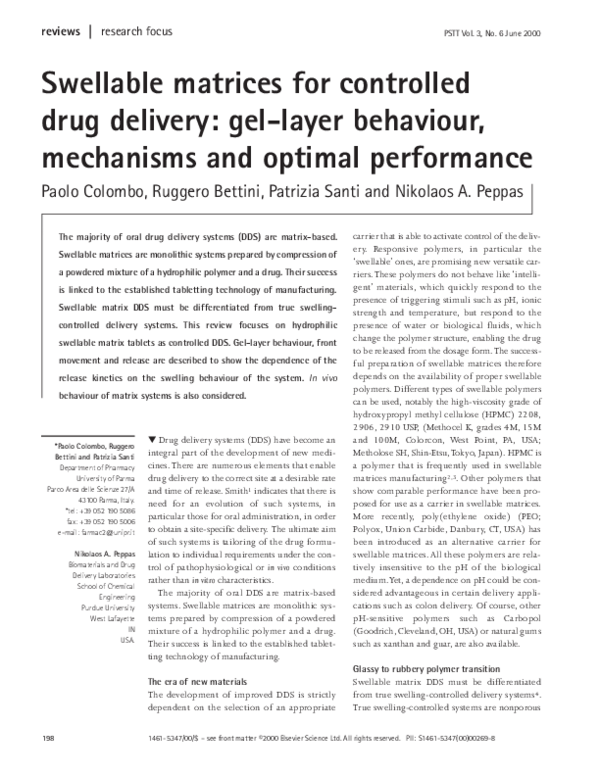 (PDF) Swellable matrices for controlled drug delivery: gel-layer ...
