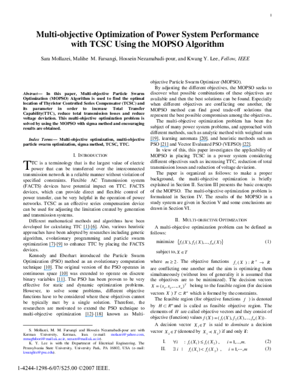 Pdf Multi Objective Optimization Of Power System Performance With Tcsc Using The Mopso
