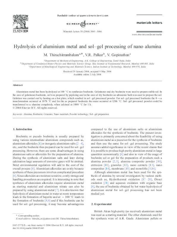 (PDF) Hydrolysis of aluminium metal and sol–gel processing of nano alumina