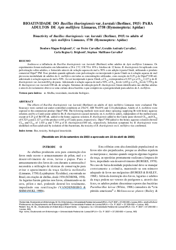 (PDF) Bioatividade do Bacillus thuringiensis var. kurstaki (Berliner, 1915) para adultos de Apis ...
