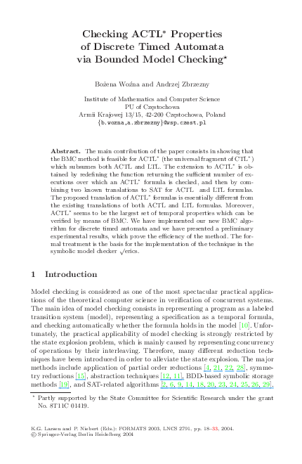 (PDF) Checking ACTL* Properties of Discrete Timed Automata via Bounded Model Checking