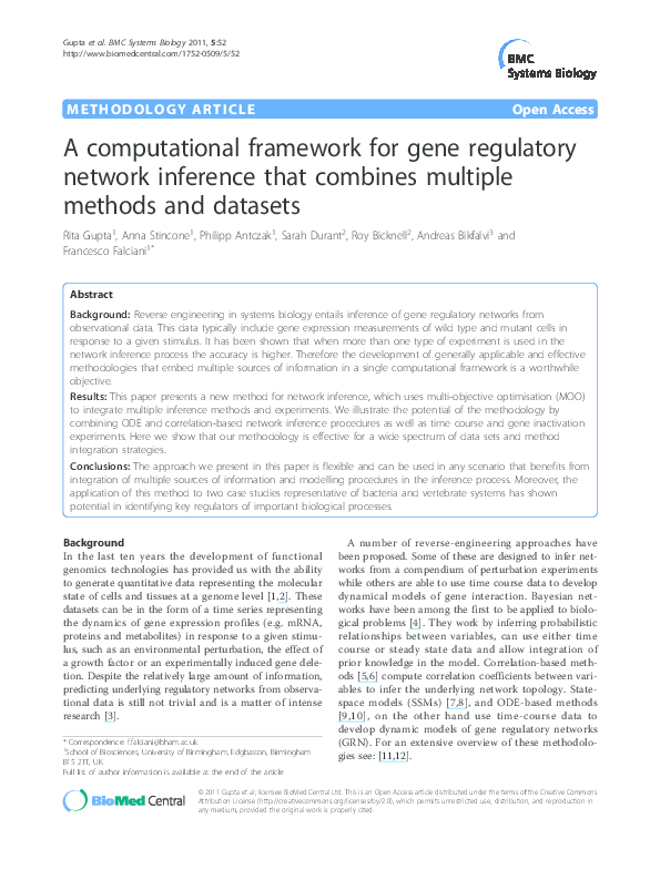 Pdf A Computational Framework For Gene Regulatory Network Inference That Combines Multiple