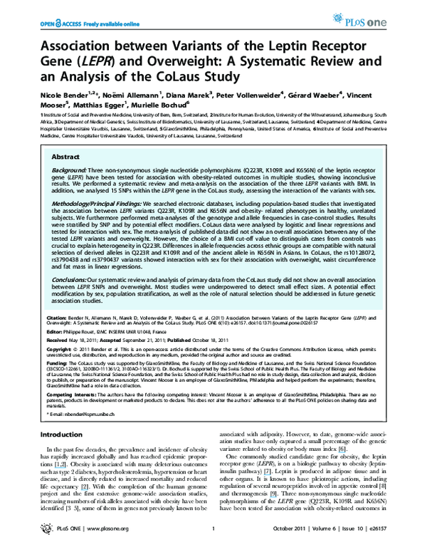 Pdf Association Between Variants Of The Leptin Receptor Gene Lepr