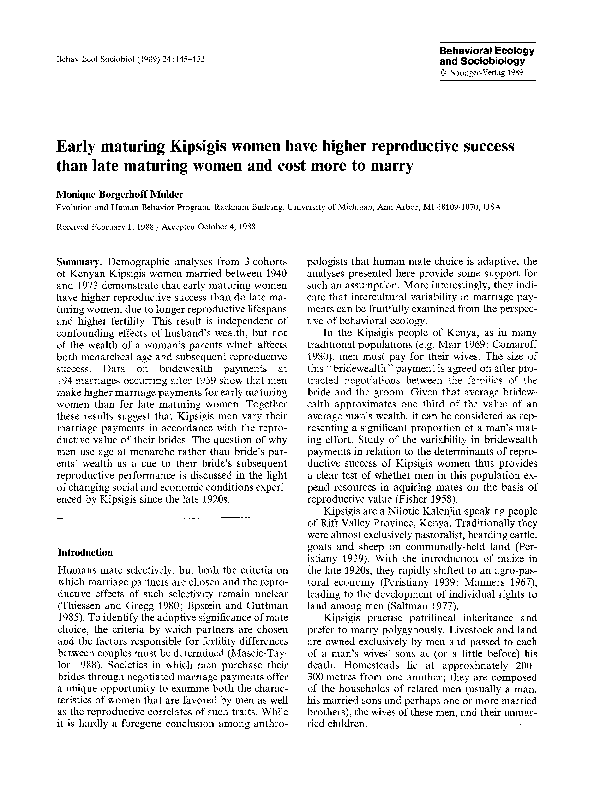 (PDF) Early maturing Kipsigis women have higher reproductive success ...
