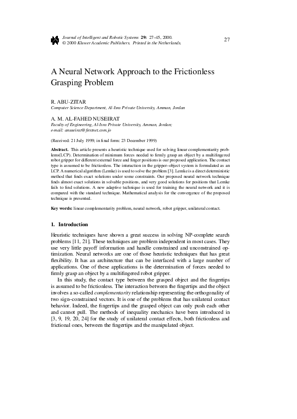 (PDF) A Neural Network Approach to the Frictionless Grasping Problem