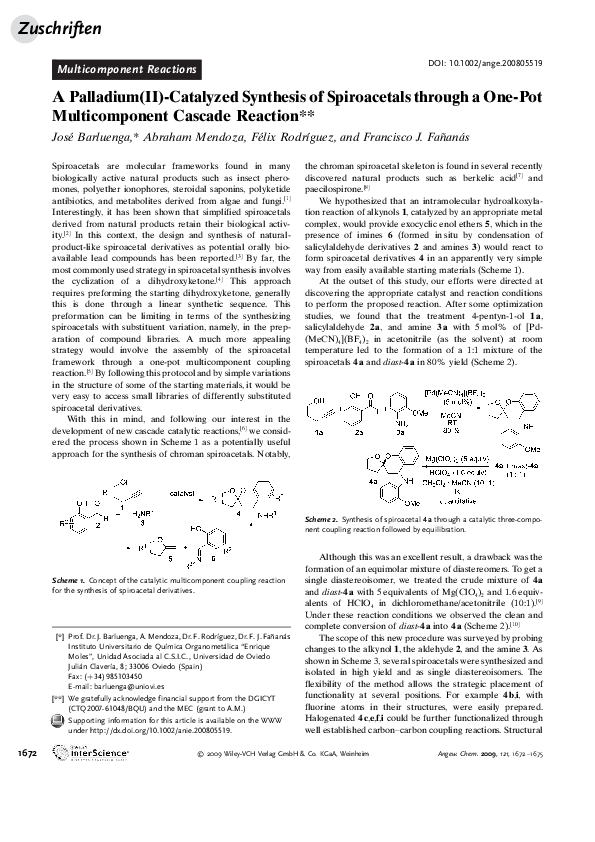(PDF) A Palladium(II)-Catalyzed Synthesis of Spiroacetals through a One-Pot Multicomponent ...