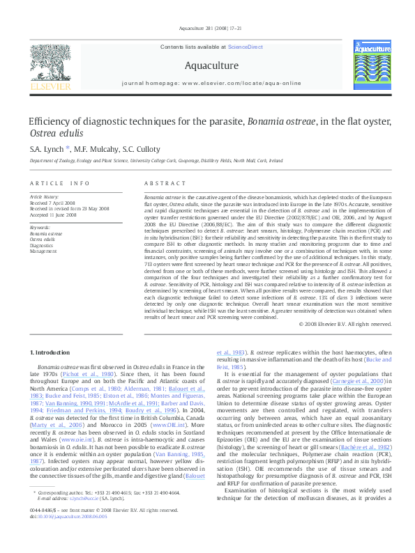 (PDF) Efficiency of diagnostic techniques for the parasite, Bonamia ...