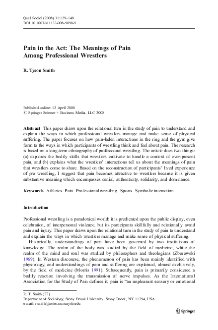 (PDF) Pain in the Act: The Meanings of Pain Among Professional Wrestlers