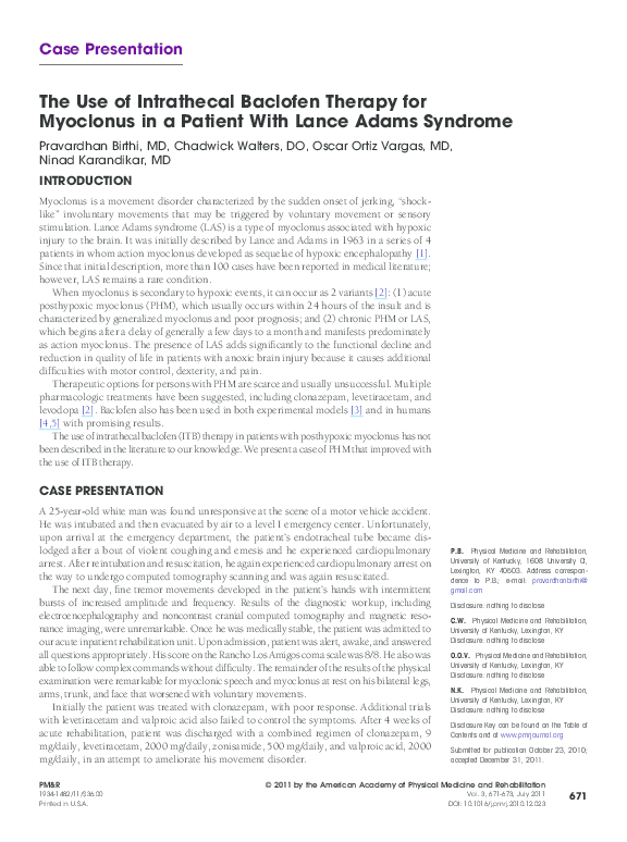 (PDF) The Use of Intrathecal Baclofen Therapy for Myoclonus in a ...
