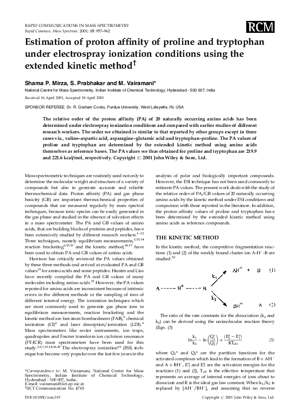 (PDF) Estimation of proton affinity of proline and tryptophan under ...