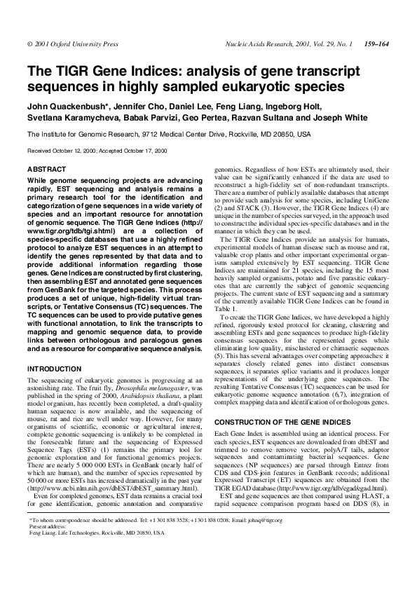 (PDF) The TIGR Gene Indices: analysis of gene transcript sequences in ...