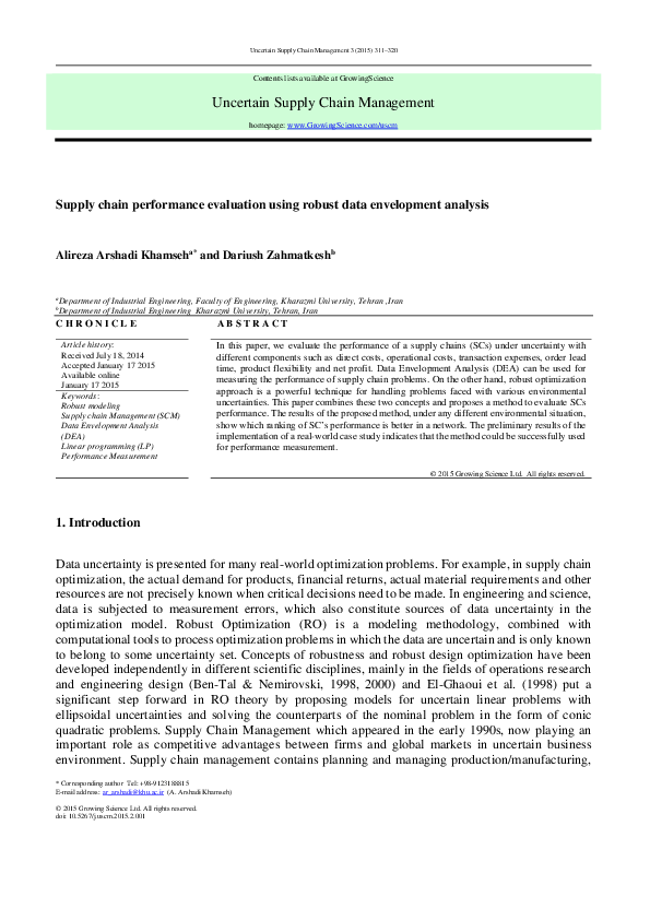 Pdf Supply Chain Performance Evaluation Using Robust Data Envelopment Analysis