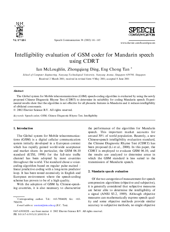 Pdf Intelligibility Evaluation Of Gsm Coder For Mandarin Speech Using Cdrt