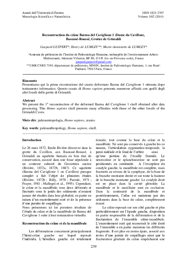 (PDF) Reconstruction du crâne Barma del Caviglione 1 (Dame du Cavillon ...