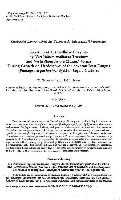 (PDF) Secretion of Extracellular Enzymes by Verticillium psalliotae ...