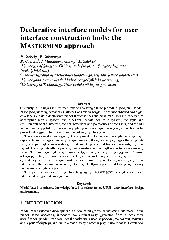 (PDF) Declarative interface models for user interface construction tools: the MASTERMIND approach