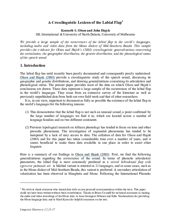 (PDF) A crosslinguistic lexicon of the labial flap