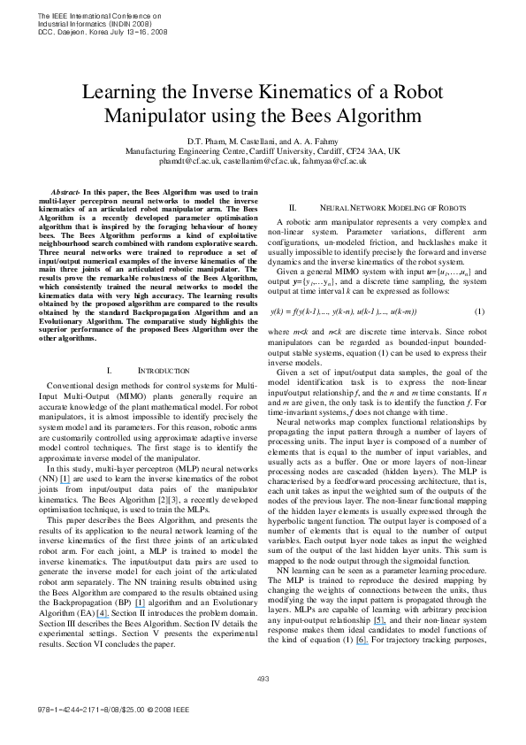 (PDF) Learning the inverse kinematics of a robot manipulator using the Bees Algorithm