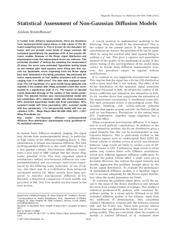 (PDF) Statistical assessment of non-Gaussian diffusion models