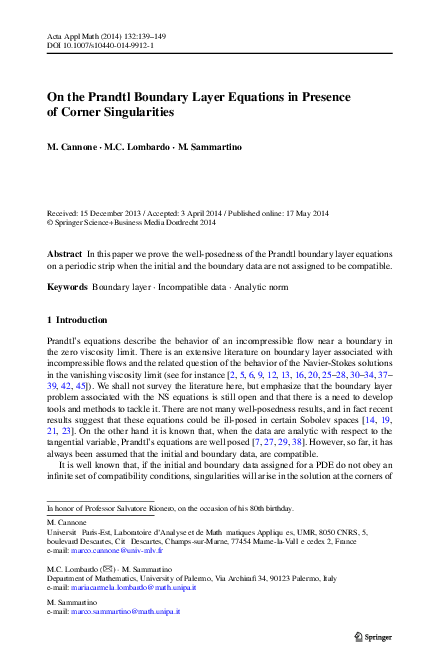 Pdf On The Prandtl Boundary Layer Equations In Presence Of Corner Singularities