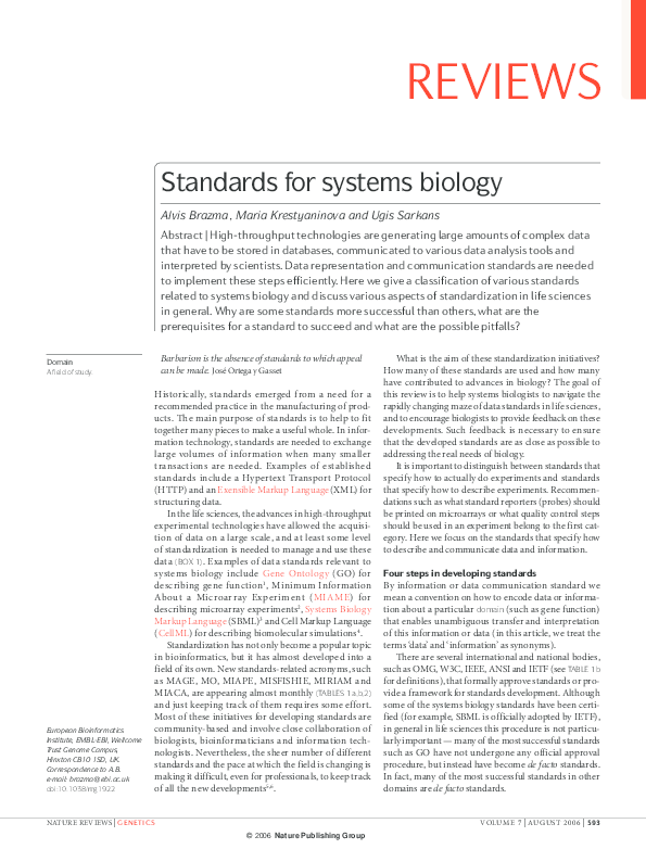 (PDF) Standards for systems biology