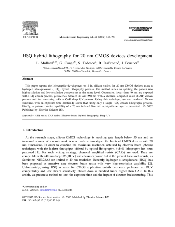 (PDF) HSQ hybrid lithography for 20 nm CMOS devices development