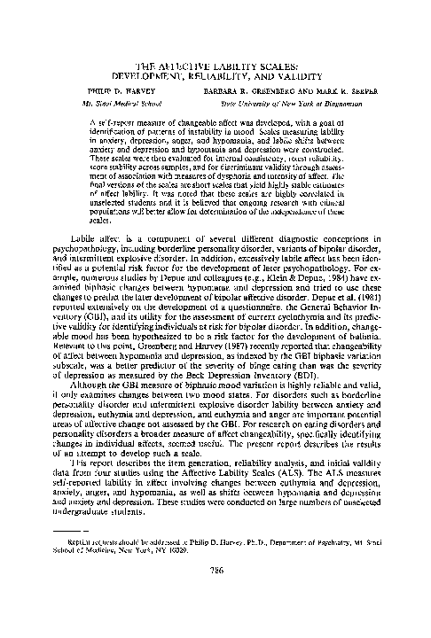 (PDF) The affective lability scales: Development, reliability, and validity