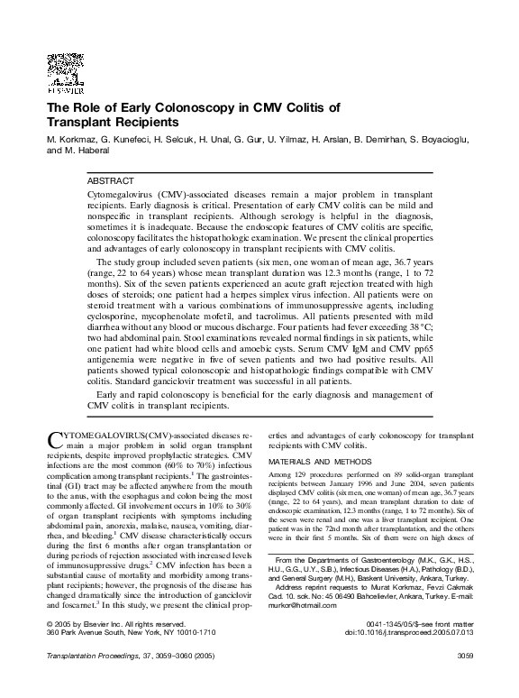 (PDF) The Role of Early Colonoscopy in CMV Colitis of Transplant ...