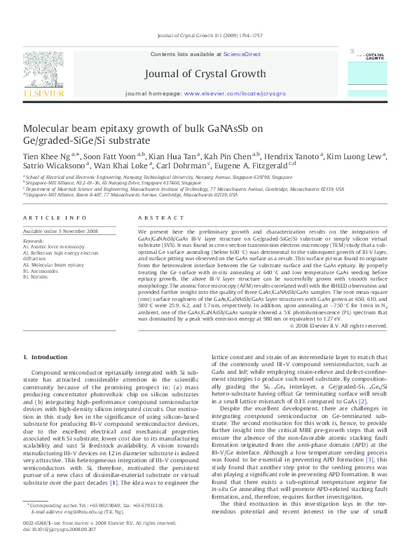 (PDF) Molecular beam epitaxy growth of bulk GaNAsSb on Ge/graded-SiGe/Si substrate