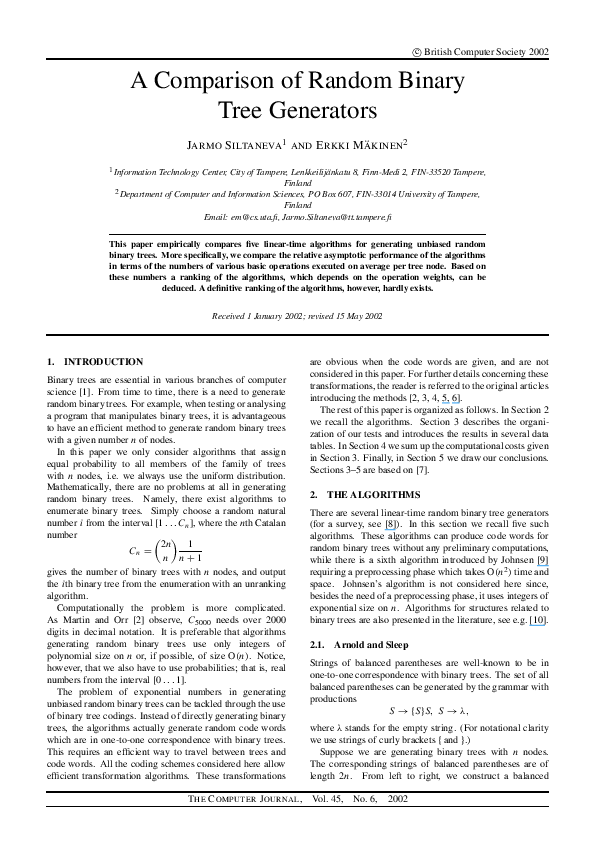 (PDF) A Comparison of Random Binary Tree Generators