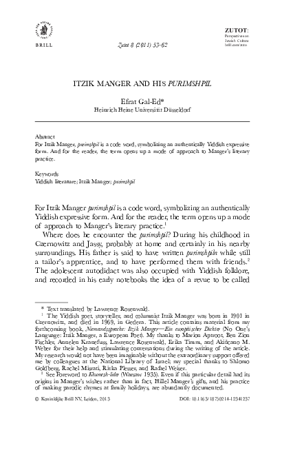 (PDF) Itzik Manger and his Purimshpil