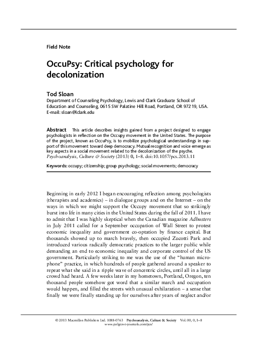 Pdf Occupsy Critical Psychology For Decolonization