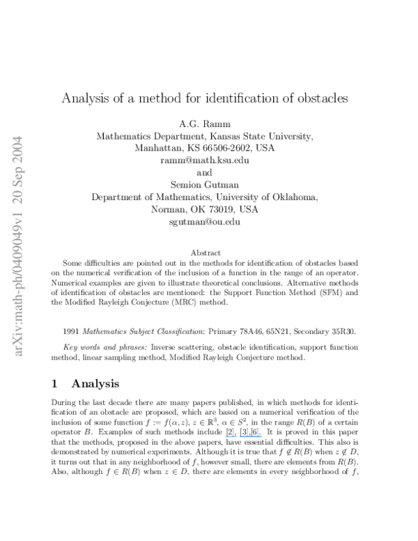 Pdf Analysis Of A Linear Sampling Method For Identification Of Obstacles