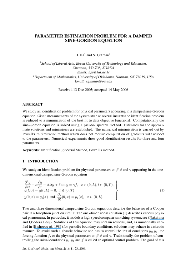 (PDF) Parameter estimation problem for a damped sine-Gordon equation