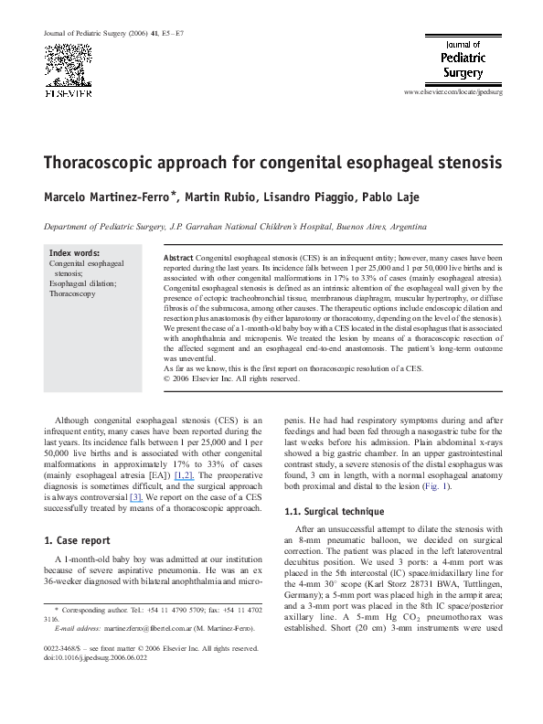 (PDF) Thoracoscopic approach for congenital esophageal stenosis