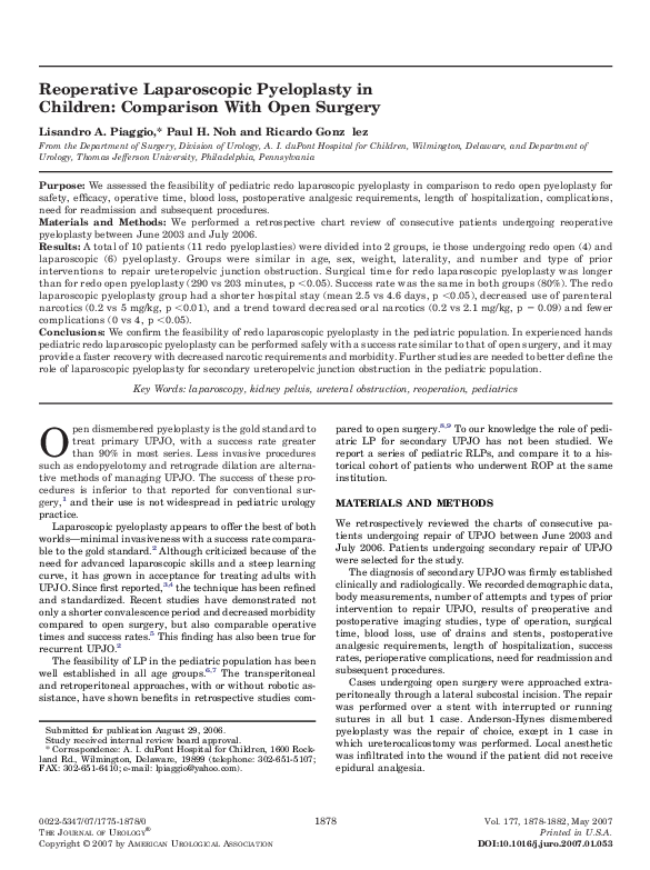 (PDF) Reoperative Laparoscopic Pyeloplasty in Children: Comparison With ...